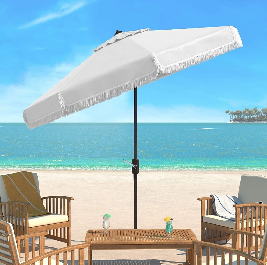 9ft Fringe Outdoor Patio Umbrella with Crank and Tilt, UPF 9ft Fringe Outdoor Patio Umbrella with Crank and Tilt, UPF